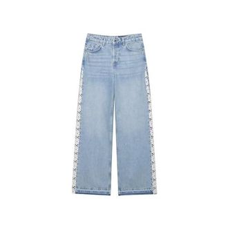 Generic Jean taille haute &agrave; jambes larges for femmes avec inserts de panneaux en crochet, pantalon en denim classique avec d&eacute;tails brod&eacute;s, pantalon extensible