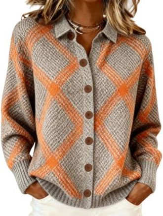 Generic Cardigan boutonn&eacute; d&eacute;contract&eacute; en coton pour femme avec col tricot&eacute; boutonn&eacute;, jaune, 5XL