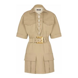 Balmain Kurzes Baumwollgabardine-Kleid mit Schn&uuml;rung - - Dresses - Damen - Beige - S