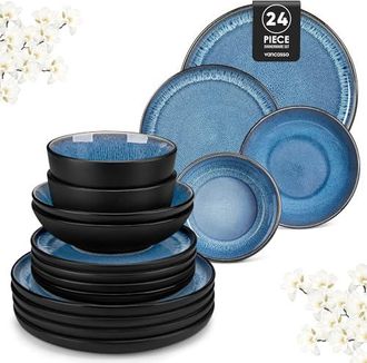 VANCASSO Série PLAYA Service de Table 6 Personnes, Vaisselle en Grès 24 Pièces - 6 Assiettes, 6 Bols - Adapté au Micro-Ondes, Glaçure Bleu