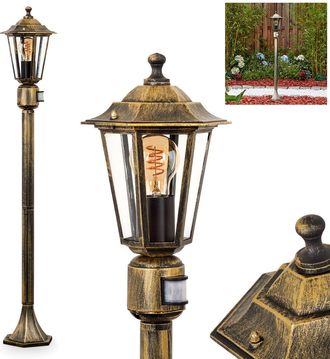 HOFSTEIN Außenwegeleuchte Loria, Wegeleuchte m. Bewegungsmelder aus Metall/Glas in Gold-Braun/Klar, Außenleuchte in antikem Look, Höhe 107 cm, Gartenbeleuchtun