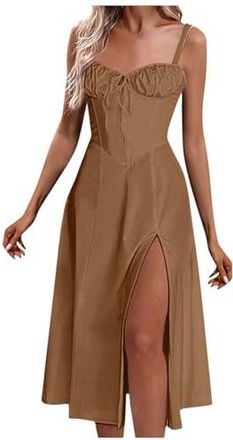 Generic Robes amincissantes 2026 2024 Casual Dentelle Slim Split Sling Robe Haut de Gamme Femme, marron, XL