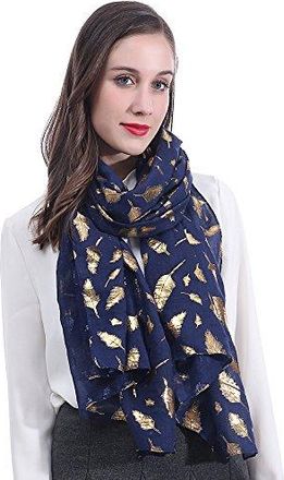 Lina & Lily Foulard Femme à Plumes Métallisées, Écharpe Tissu Léger 180cm X 75cm (Bleu marine-Or)