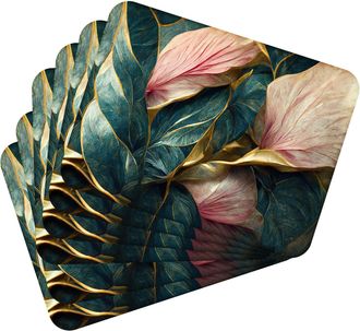 MG Design Set aus 6 Kork-Platzsets - Leaves with Gold 1 - 30 x 40 cm - hitzebeständig & abwischbar, mit Korkrückseite