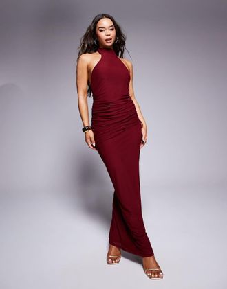Asos Robe longue &agrave; fronces et encolure am&eacute;ricaine avec d&eacute;tail asym&eacute;trique au dos - Bordeaux-Rouge