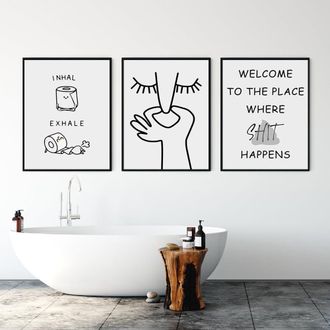 Generic 3 Bilder Badezimmer Schwarz Weiß 30X40CM Poster Waschbär Bad Bilderwand Badezimmer Leinwand Minimalistisch Bilder Toilette Schwarz Weiß Poster Toilett
