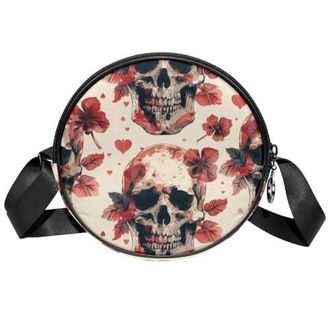 Generic Petit sac &agrave; bandouli&egrave;re circulaire pour femme, motif cr&acirc;nes, petit sac &agrave; dos &agrave; bandouli&egrave;re avec fermeture &eacute;clair, bretelles r&eacute;glables, sac &agrave; main rond