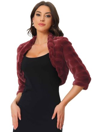 Allegra K Damen Kurze Jacke 3/4 &Auml;rmel Vorne Offener Kunstpelz Flauschige Shrug Bolero Burgund S