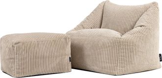 Icon Brand Natalia Sitzsack Kinder mit Hocker, Beige, Flauschiger Cord Stoff, Sitzsack Cord mit F&uuml;llung, Bequemer Kinder Sessel, Kuschelsessel, Lese Sessel, Schl