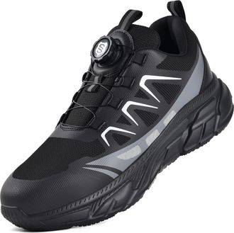 JACKSHIBO Sicherheitsschuhe mit Stahlkappe für Herren und Damen, leicht, pannensicher, rutschfeste Arbeitsschuhe, Schwarz, 42 1/3 EU