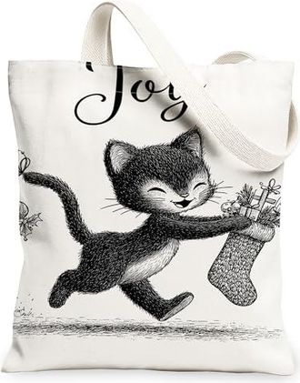 Generic Sacs fourre-tout en toile motif chat joyeux, sacs d&eacute;picerie r&eacute;utilisables, l&eacute;gers et festifs, lavables avec bandouli&egrave;re, blanc, 13x15 Inch