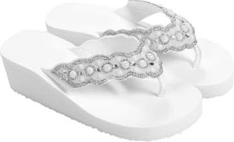 Beaupretty Sandales été Femme à Talon Compensé avec Perles et Chaussures de Plage Antidérapantes Confortables et Légères Blanc