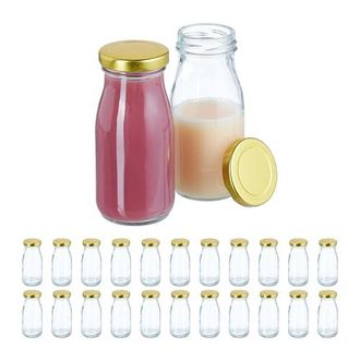 Relaxdays Set Huile vinaigre, 24 Bouteilles en Verre, avec Bouchon herm&eacute;tique, pour Smoothies, jus, Lait, Transparent/Or
