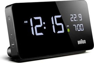 Braun Réveil numérique avec écran LCD, 2 Ports USB-C pour Charger dautres appareils, Affichage de lheure et de la Date, Touch Snooze, réglage Rapide, en Noi