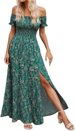 Generico Robes longues fluides &agrave; manches courtes pour femme Robe d&eacute;t&eacute; boh&egrave;me &eacute;l&eacute;gante avec imprim&eacute; floral Robe de plage l&eacute;g&egrave;re, vert, XX-Large