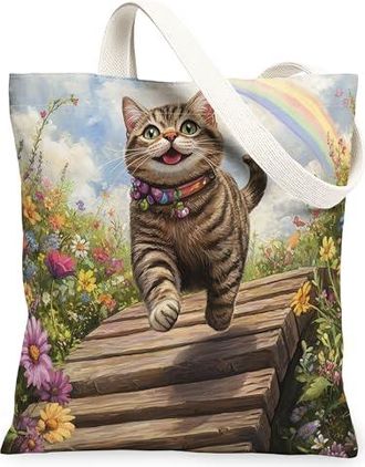 Generic Sac fourre-tout en toile motif chat am&eacute;ricain &agrave; poil court pour le shopping, 33 x 38 cm, sac d&eacute;picerie r&eacute;utilisable pour femme, motif floral amusant, 
