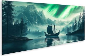Islandburner Leinwandbild Nordlichter über mystischem Wikingerschiff - Leinwand 120x40cm - Panorama