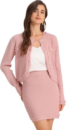 Allegra K 2-teiliger Anzug f&uuml;r Damen, Stretch-Pullover, kurze Jacke und Rock, Vintage-Sets, rose, S