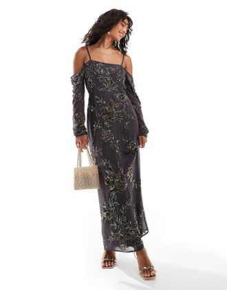 Asos Bardot-Maxikleid in Anthrazit mit langen Ärmeln und Verzierungen-Grau