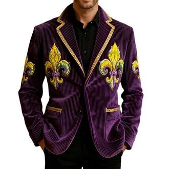 Generic Veste de costume pour homme en velours c&ocirc;tel&eacute; imprim&eacute; multicolore - Costume de carnaval - Motif Mardi Gras - Blazer - Tenue de f&ecirc;te - Vintage - Veste 