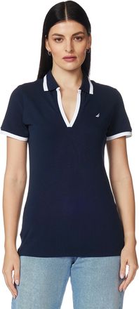 Nautica Damen Klassisches Stretch-Baumwolle mit V-Ausschnitt und Streifen Poloshirt, Marineblau, Mittel