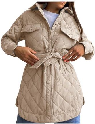 Generic Vestes pour femmes, automne et hiver, couleur unie, revers &agrave; boutonnage, ceinture ample, manteau chaud 2026, kaki, XL