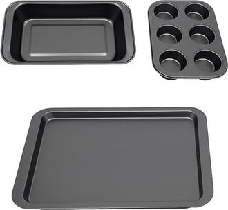 Relaxdays Backformen Set 3-TLG., Muffinblech, Kastenform, Bratform, antihaftbeschichtet, Carbonstahl, 230 &deg;C, dunkelgrau