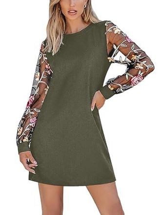 Cupshe Mini robe d&eacute;contract&eacute;e &agrave; col rond et manches longues en tricot floral pour femme, vert olive, Taille S