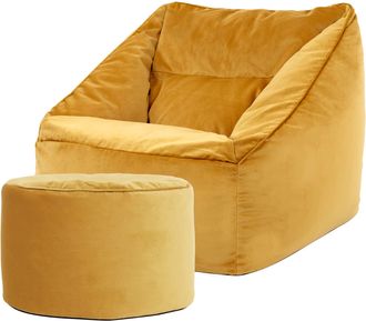 Icon Brand Natalia Sitzsack Sessel mit Sitzpuff für Erwachsene, Gelb, Flauschiger Samtstoff, Riesen Sitzsack Samt mit Füllung, Bean Bag Chair, Bequemer Sessel Wo