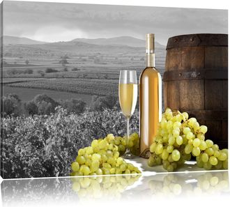 Pixxprint Weinreben mit Weinflasche und Fass, Größe: 60x40cm, Leinwandbild, fertig gespannt, Wandbild, Dekoration, Kunstdruck, kein Poster