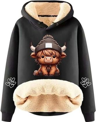 Generic Hoodies en sherpa Highland Cow pour femmes UK, pulls de No&euml;l doubl&eacute;s en polaire pour lautomne et lhiver, sweats &agrave; capuche doux et chauds &agrave; manches lon