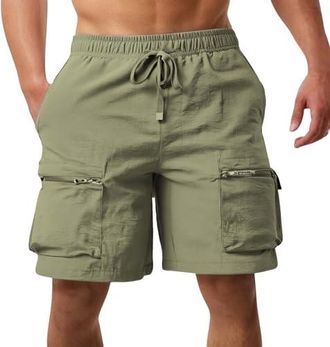 Generic Short cargo pour homme, multi-poches, taille &eacute;lastique, uni, l&eacute;ger, d&eacute;contract&eacute;, cordon de serrage, l&eacute;ger, pour le travail, la randonn&eacute;e, avec poches 