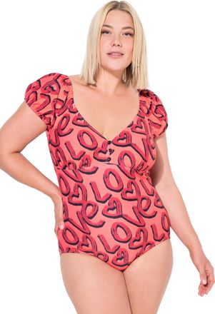 Ulla Popken Damen große Größen Übergrößen Plus Size Badeanzug Isabella, Puffärmel, Love