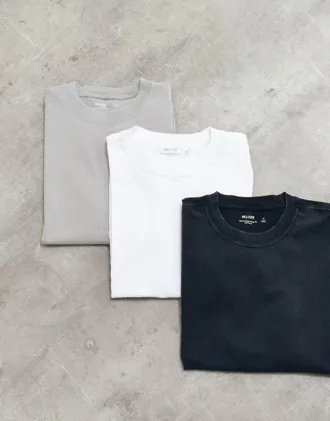 Hollister lot de 3 t-shirts coupe carr&eacute;e &eacute;pais en blanc, gris et noir-Multi