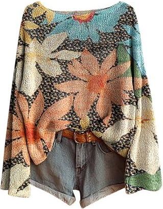 Generic Pulls Femme Vintage Imprim&eacute; Floral Boh&egrave;me Pull Over Tricot&eacute; Chic Et &Eacute;l&eacute;gant Col Rond Manche Longue Sweater Motif Jacquard Hauts Oversize Casual Veteme