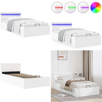 vidaXL Bett mit Bettkasten Hydraulisch LED Wei&szlig; Kunstleder 100x200 cm - Hydraulisches Bettgestell - Stauraumbett - Lederbett - Singlebett - Wei&szlig;es Bett