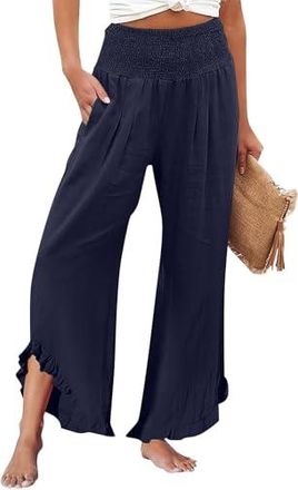 Generic Pantalon en lin pour femme - Coupe ample et d&eacute;contract&eacute;e - Taille haute - &Eacute;lastique - En coton et lin - Avec poches irr&eacute;guli&egrave;res - Jambe large - Panta