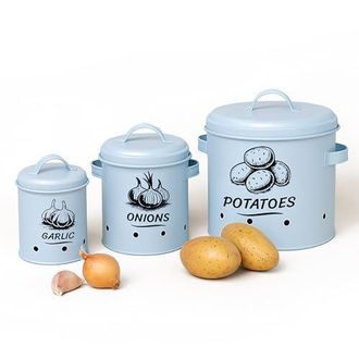 Relaxdays Bo&icirc;te de Conservation pour Pommes de Terre, oignons et ail Relaxdays, Lot de 3, m&eacute;tal, Pot &agrave; oignons, Bleu Clair