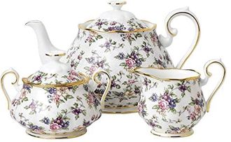 Royal Albert 100 Years 40017572 1940 English Teekanne, Zucker, Creme, 3-teiliges Set, weiß, feines Knochenporzellan, Englischer Chintz