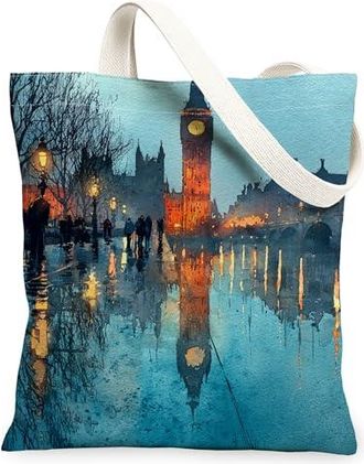Generic Sacs fourre-tout vintage en toile artistique, motif aquarelle de Londres, sacs de courses r&eacute;utilisables, l&eacute;gers et lavables &agrave; l&eacute;paule, bleu, 13x15 Inc