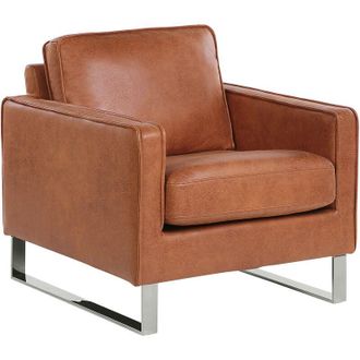 Beliani Fauteuil Tapiss&eacute; en Cuir PU Marron sur Cadre en Acier Inox Design Ultra Moderne Id&eacute;al pour Salon au Style Contemporain Beliani