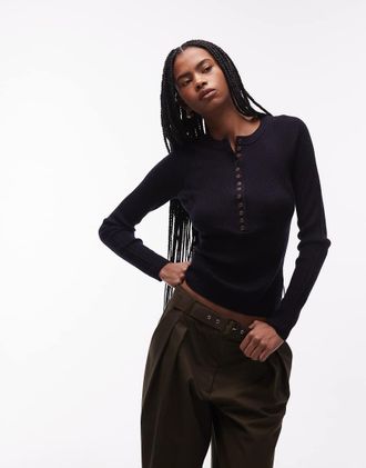 & Other Stories Top c&ocirc;tel&eacute; en laine avec col boutonn&eacute; - Bleu marine