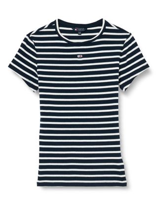 Tommy Jeans Damen T-Shirt Kurzarm Essential Rib Slim Fit, Mehrfarbig (Dark Night Navy/Stripe), XXS