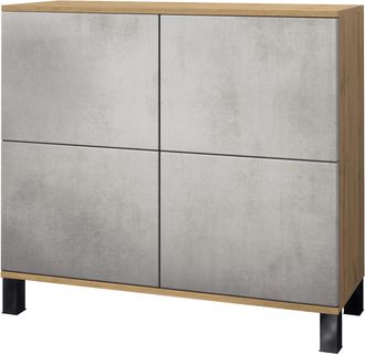 Vladon Kommode Rova V3, Moderner K&uuml;chenschrank mit 4 Push-to-Open T&uuml;ren Eiche Evoke/Beton Oxid Optik (92,5 x 84.5 x 35)
