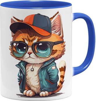 OM3 s&uuml;&szlig;e Kawaii Katze Kaffee-Tasse im Japan Style mit Cooler Cat - Keramik Becher - 325ml - Beidseitig Bedruckt - Blau