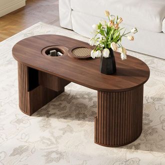 STILVORA Table Basse Ovale avec Rangement et Niches Ouvertes, Texture Verticale, en MDF, Noyer, 105&times;50&times;46,5 cm