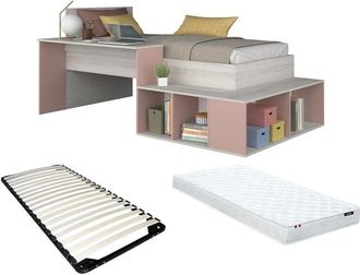 Vente-Unique Vente-unique - Lit combin&eacute; 90 x 200 cm avec rangements et bureau - Coloris : Naturel et rose + Sommier + Matelas - rigali