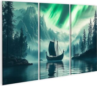 Islandburner Leinwandbild Nordlichter über mystischem Wikingerschiff - Leinwand 130x80cm - 3 Teile