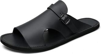Generic Sandales plates en cuir v&eacute;ritable pour homme - Bout ouvert - Antid&eacute;rapantes - Pour l&eacute;t&eacute; - L&eacute;g&egrave;res - Pour la plage, Noir, 38 2/3 EU