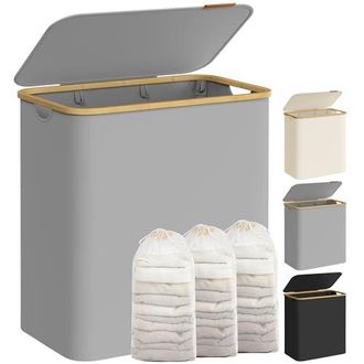 Songmics Panier à Linge avec Couvercle à 3 Compartiments, 150L, Sac Amovible, Tissu Oxford, Poignées en Bambou, Pliable, 60 x 38,5 x 70,5 cm, Gris Tourterelle 